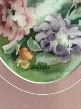 Art | Vintage Original Floral Watercolor Wall Art In Pink Mat And Wood ...